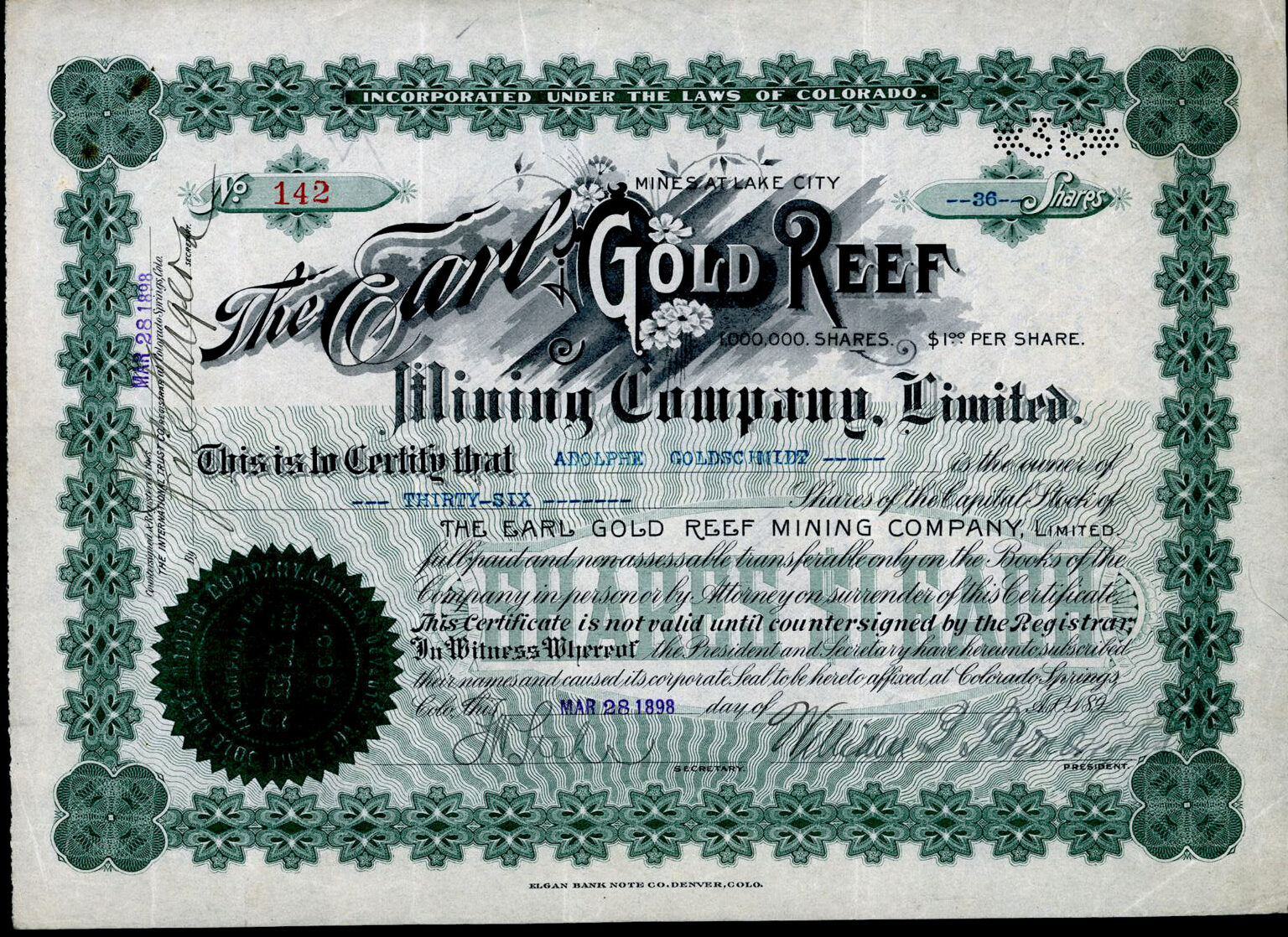 Colorado historical mining stock certificates - COLORADO ARTIFACTUAL